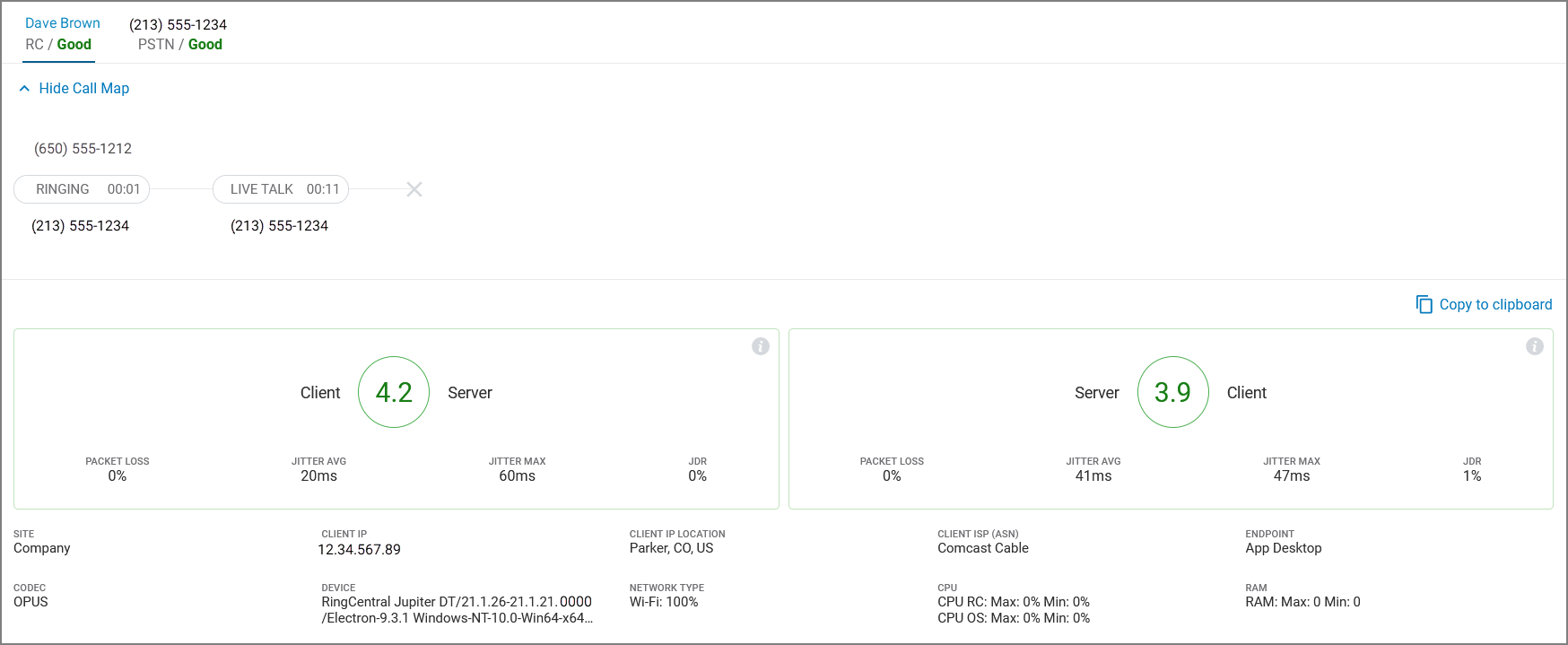 QoS: Calls table on the Calls dashboard | RingCentral MVP