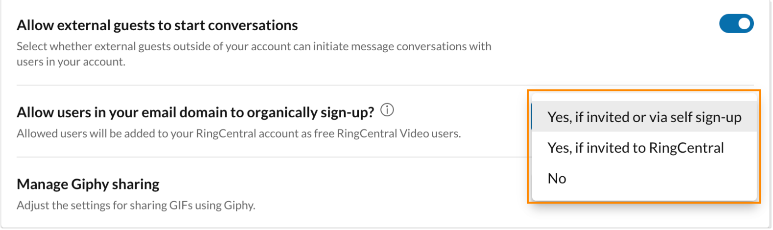 Setting up how users sign up or are invited to RingCentral | RC app