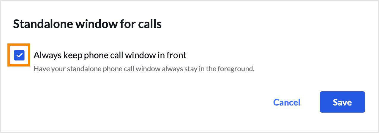 Configuring settings for standalone window for phone calls in the ...