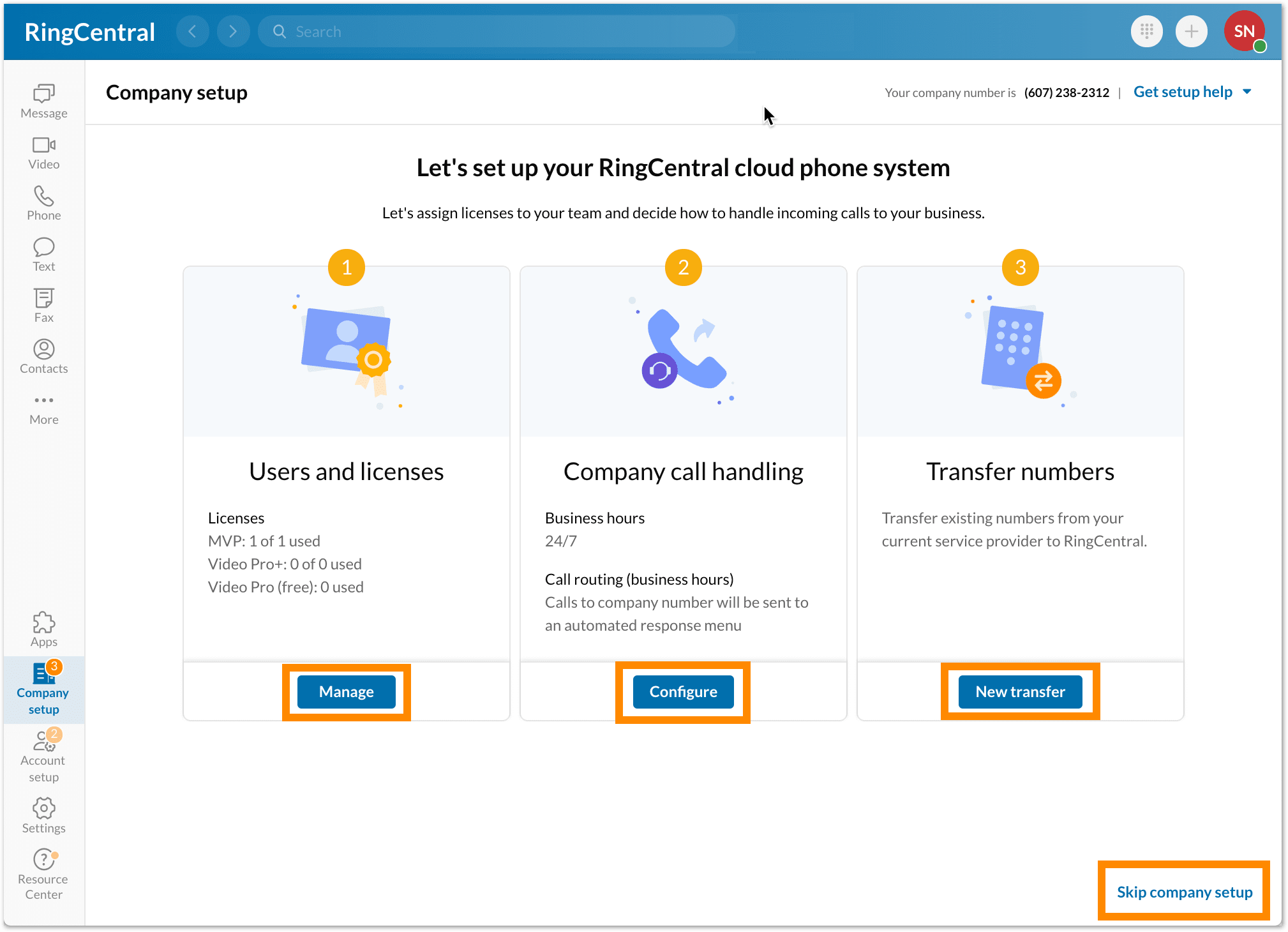 Reviewing your company settings during company setup in the RingCentral ...