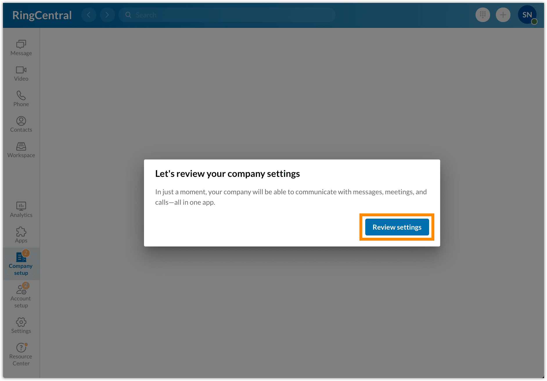 Reviewing your company settings during company setup in the RingCentral ...