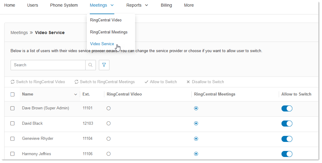 Assigning RingCentral Meetings and RingCentral Video platform use ...